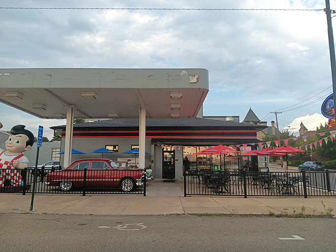 The classic gas station-turned-diner exterior isn't just nostalgic&mdash;it's a promise that what awaits inside will fuel more than just your car.