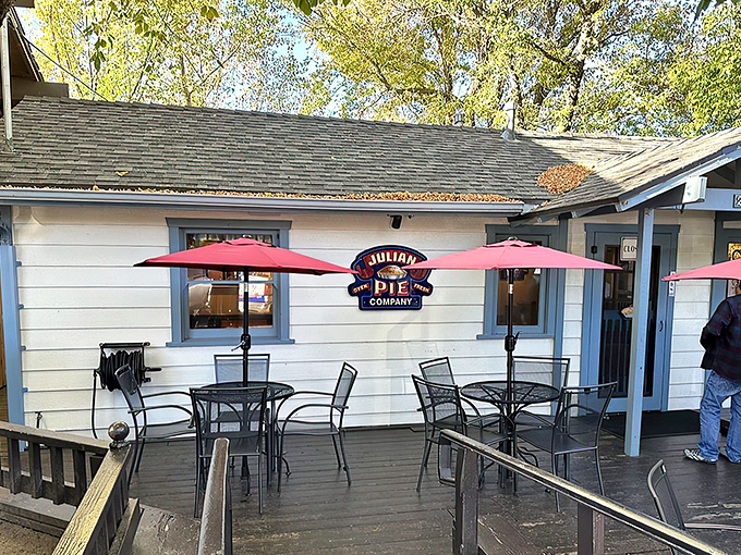 The pilgrimage begins! Julian Pie Company's charming exterior with its signature red umbrellas promises sweet salvation after the winding mountain drive.