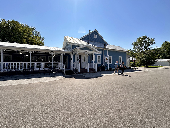 The blue clapboard building with white trim looks like it should be on a postcard labeled "American Comfort." This charming exterior welcomes dessert pilgrims from across the Midwest.