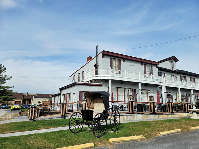 Colonial charm meets Maryland hospitality at the Carriage House Inn's pristine exterior, where that American flag isn't just decoration&mdash;it's a promise of classic American cuisine inside.