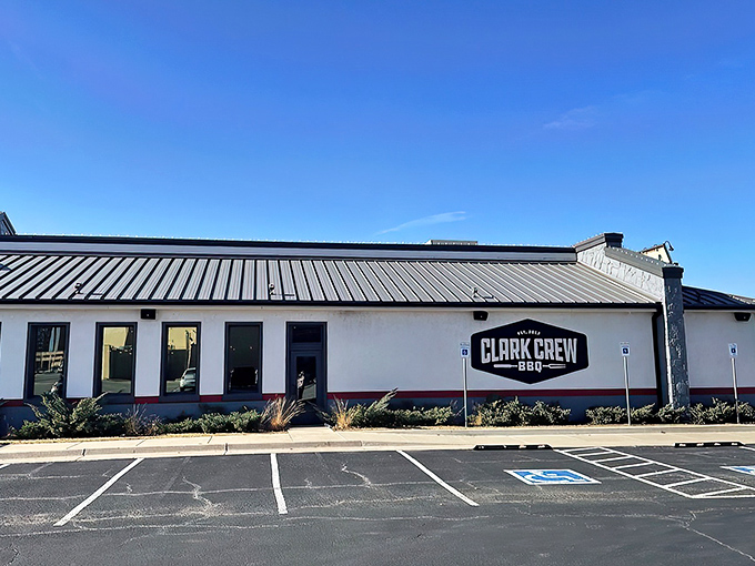 The unassuming exterior of Clark Crew BBQ&mdash;proof that the best barbecue joints often hide in plain sight, like culinary speakeasies for meat lovers.