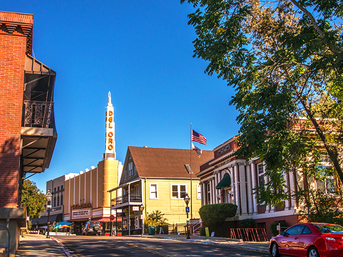 The iconic Del Oro Theatre's art deco tower stands sentinel over downtown Grass Valley, a beacon of nostalgia in a sea of modern multiplexes.