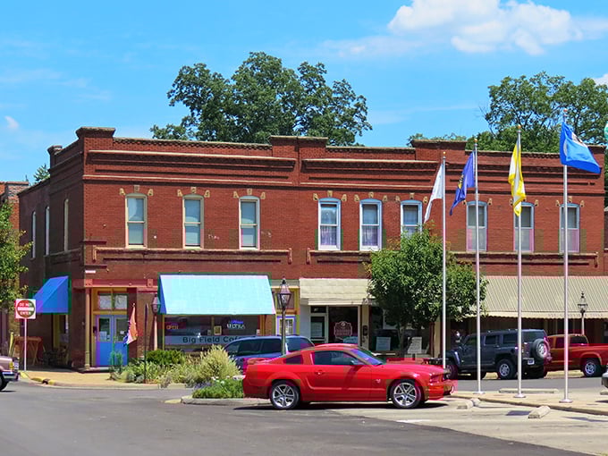 Historic streetscapes like this one transport visitors to another era. Ste. Genevieve's well-preserved brick buildings house shops, cafes, and centuries of stories.