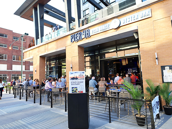 The coastal escape you never knew Indianapolis needed. Pier 48's modern exterior brings a slice of seaside charm to downtown Indy's urban landscape.