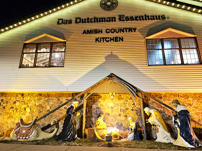 The iconic white facade of Das Dutchman Essenhaus stands proudly against the Indiana sky, promising comfort food that'll make your cardiologist wince and your soul sing.