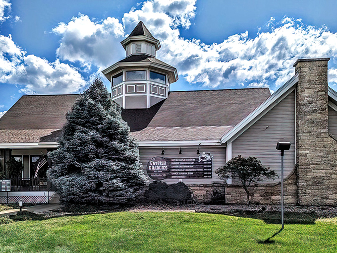 Catfish Charlie's welcomes you with casual charm, its blue spruce standing guard like a Midwest sentinel protecting seafood treasures within.