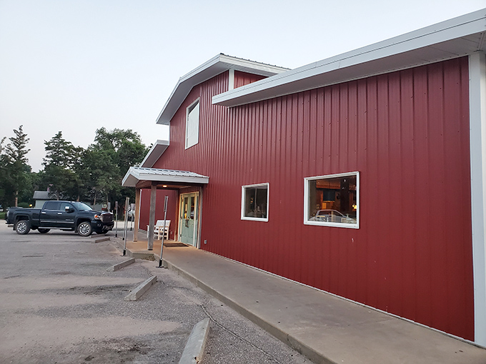 The bright red exterior isn't just farm-chic architecture&mdash;it's a beacon of hope for hungry travelers crossing the Kansas prairie. Pure roadside magnetism.