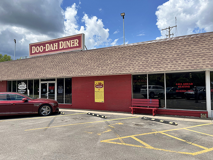 The bright red exterior of Doo-Dah Diner stands like a beacon of breakfast hope in Wichita, promising culinary salvation to the hungry and caffeine-deprived.