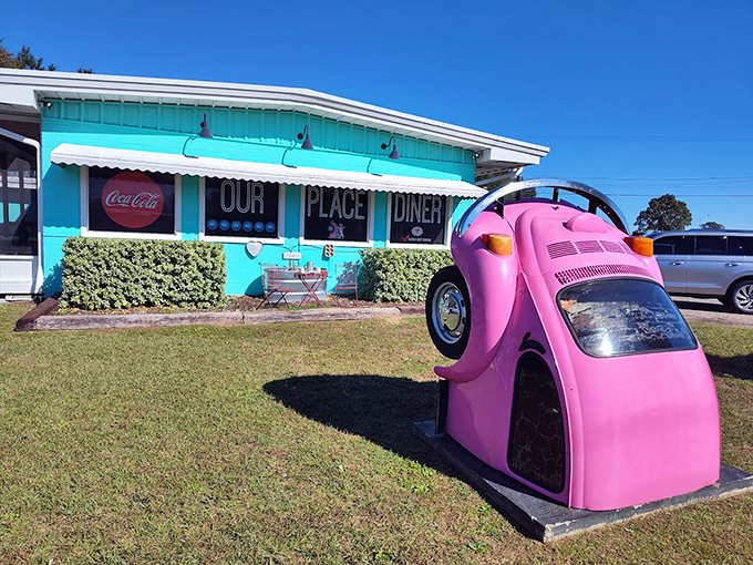 The turquoise oasis of Our Place Diner beckons hungry travelers along Highway 231 like a delicious mirage in the Alabama landscape.