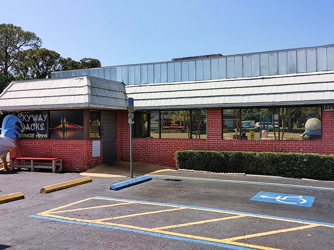The giant chicken sentinel stands guard outside Skyway Jack's, a no-frills breakfast paradise that's been clucking since 1976. Florida dining at its most authentic.
