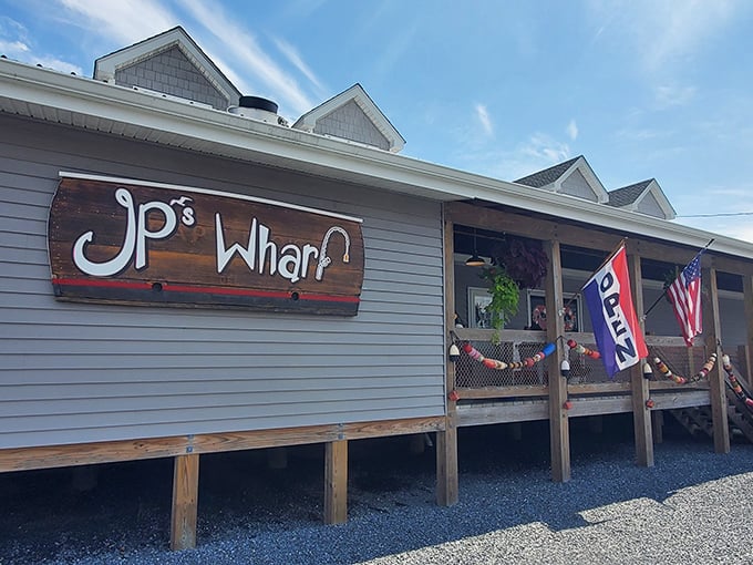 The quintessential coastal charm of JP's on the Wharf beckons with its weathered deck and Cape Cod-style architecture&mdash;seafood paradise found!