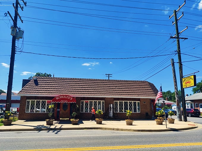 The welcoming entrance to Schultz's, with its cheerful red awning and flower barrels, feels like being invited to a crab feast at a friend's home. 