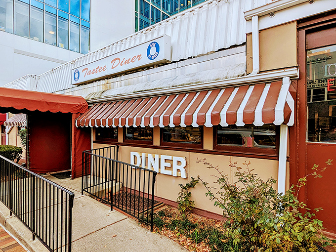 The stainless steel exterior of Tastee Diner stands defiant against time, its red and white awning a beacon for breakfast pilgrims seeking authenticity in Bethesda.
