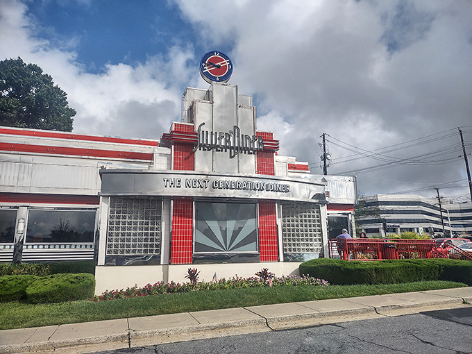 The gleaming chrome exterior of Silver Diner stands like a time capsule on wheels, permanently parked in Rockville but ready to transport you to simpler times.