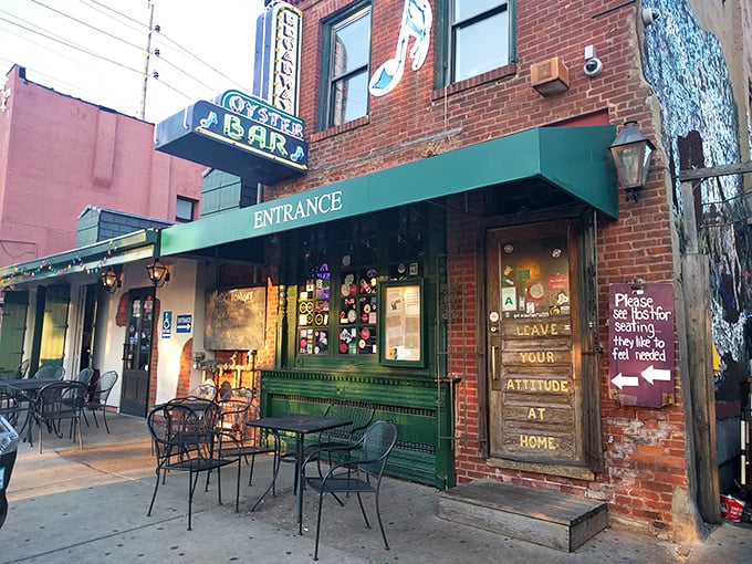 The historic red brick facade of Broadway Oyster Bar stands like a Cajun oasis amid downtown St. Louis, its weathered charm promising culinary adventures within. 