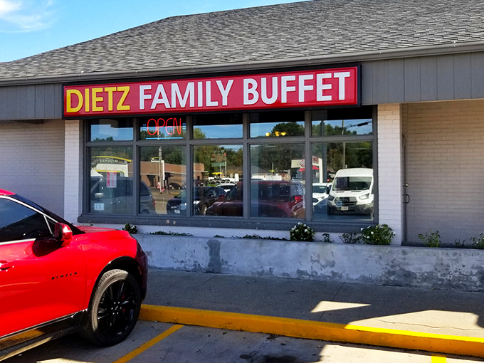 The bright red Dietz Family Buffet sign beckons hungry travelers like a lighthouse for the famished. Small-town charm with big-time flavor potential.