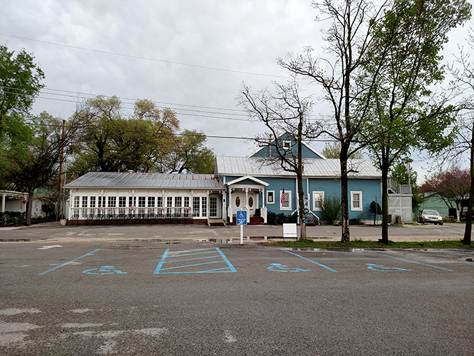 The blue clapboard building with white trim looks like it should be on a postcard labeled "American Comfort." This charming exterior welcomes dessert pilgrims from across the Midwest.