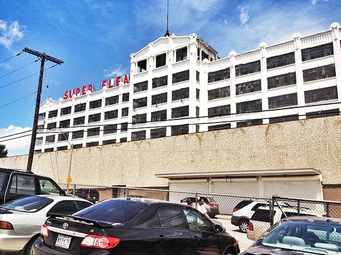 The imposing white fortress of Super Flea stands against a brilliant blue Missouri sky &ndash; a siren call to bargain hunters and collectors alike.