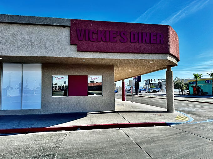 The pink beacon of breakfast hope on the Las Vegas horizon. Vickie's Diner's exterior promises comfort food salvation in a city that never sleeps.