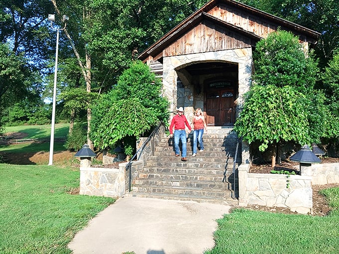 Rustic elegance nestled in North Carolina greenery, where the restaurant's timber frame and metal roof suggest serious business is happening in those kitchens.