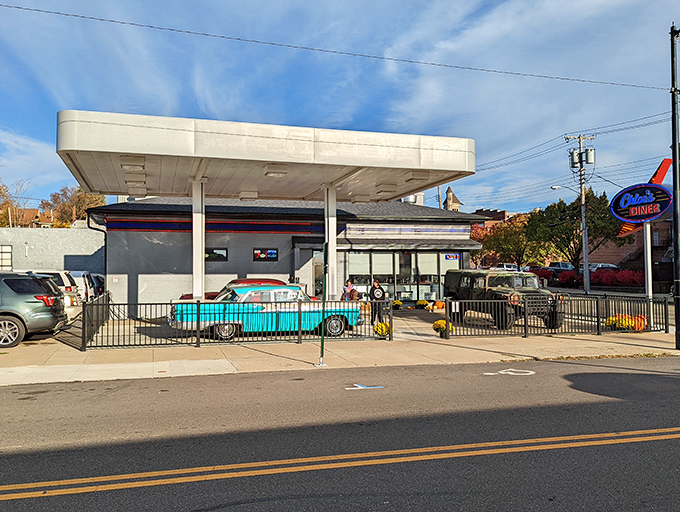 The classic gas station-turned-diner exterior isn't just nostalgic&mdash;it's a promise that what awaits inside will fuel more than just your car.