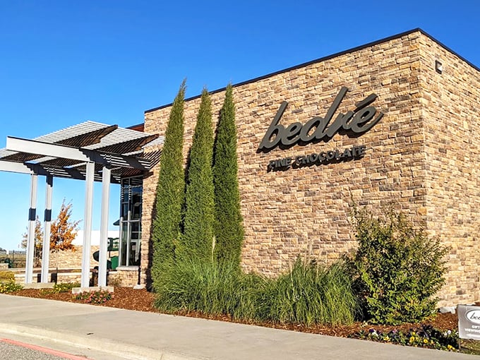 The stone fortress of sweetness beckons from the Oklahoma prairie, promising chocolate treasures within its stylish walls.