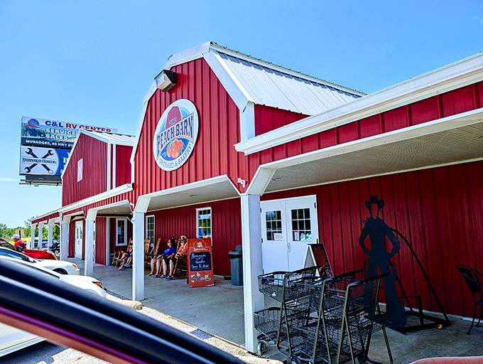 The iconic red barn stands proudly against the Oklahoma sky, like a beacon calling to pie lovers everywhere. "Peach Barn" isn't just a name&mdash;it's a promise.