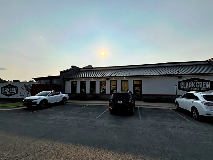 The unassuming exterior of Clark Crew BBQ&mdash;proof that the best barbecue joints often hide in plain sight, like culinary speakeasies for meat lovers.