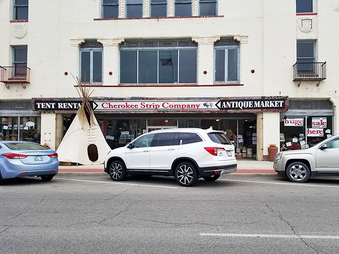 The historic fa&ccedil;ade of Cherokee Strip Company beckons treasure hunters with its iconic teepee standing guard outside&mdash;a portal to Oklahoma's past waiting to be explored.
