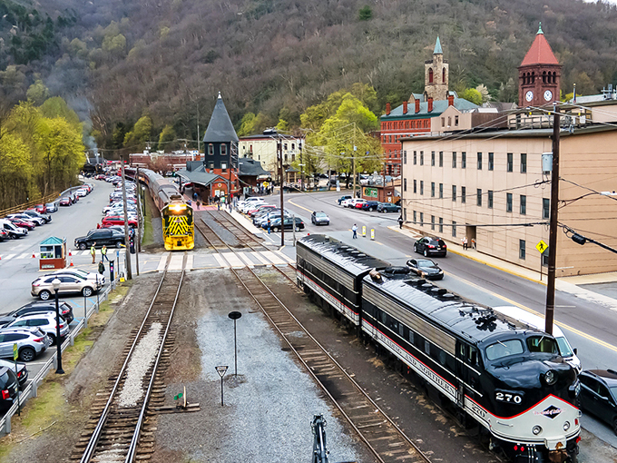 Victorian charm meets mountain majesty in downtown Jim Thorpe, where the Mauch Chunk Opera House stands as a cultural cornerstone against a backdrop of forested hills.