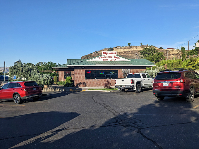 The unassuming brick exterior of Big Jim's hides a burger paradise within, like finding the Hope Diamond at a yard sale.