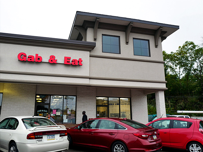 The red letters of Gab & Eat shine like a beacon of breakfast hope, conveniently located next to a barber shop&mdash;get your eggs and a haircut in one trip! 