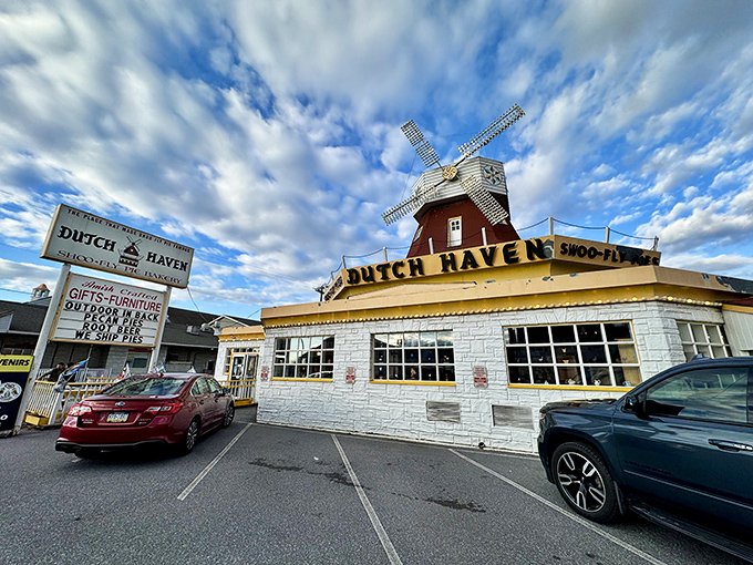 The windmill-topped wonderland of Dutch Haven stands proudly on Route 30, beckoning sweet-toothed travelers like a sugary lighthouse in a sea of asphalt.