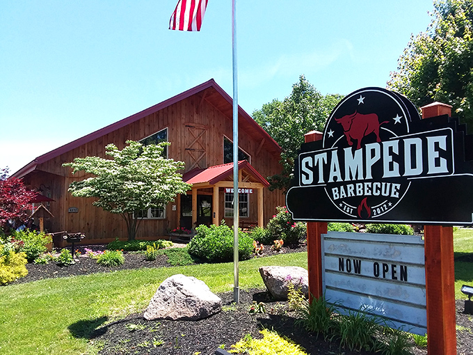 The red-roofed rustic charm of Stampede Barbecue stands like a cathedral to smoked meats, beckoning hungry pilgrims from across Pennsylvania's rolling countryside.