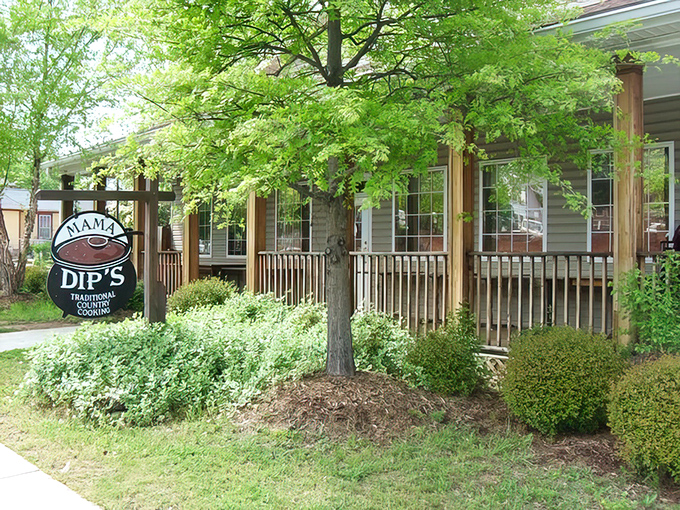 The unassuming wooden sign outside Mama Dip's says it all - traditional country cooking awaits behind that welcoming front porch. 