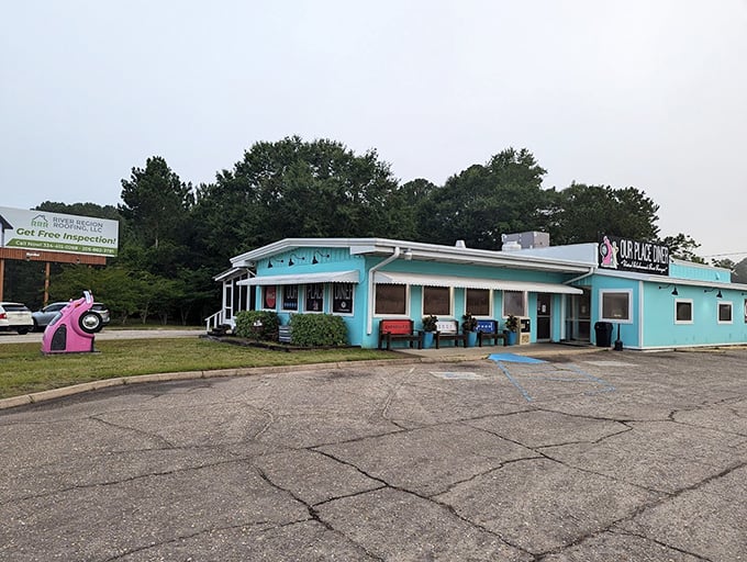 The turquoise oasis of Our Place Diner beckons hungry travelers along Highway 231 like a delicious mirage in the Alabama landscape.