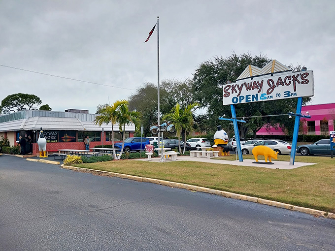 The giant chicken sentinel stands guard outside Skyway Jack's, a no-frills breakfast paradise that's been clucking since 1976. Florida dining at its most authentic.