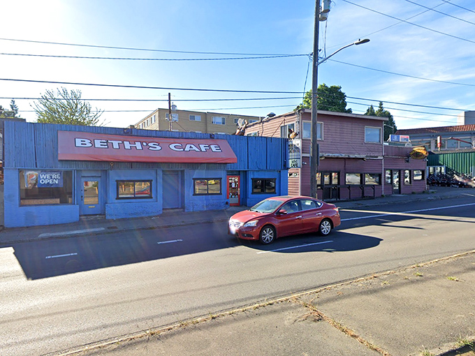 Beth's unmistakable blue exterior with its bold red awning promises comfort food paradise without the pretentious frills&mdash;Seattle's answer to diner heaven.