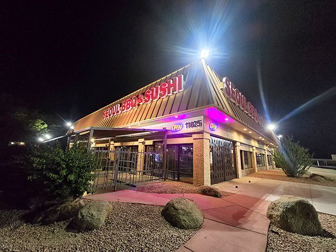 The bold red letters of Seoul BBQ & Sushi against the desert sky is like finding an oasis of flavor in Phoenix's beige landscape.