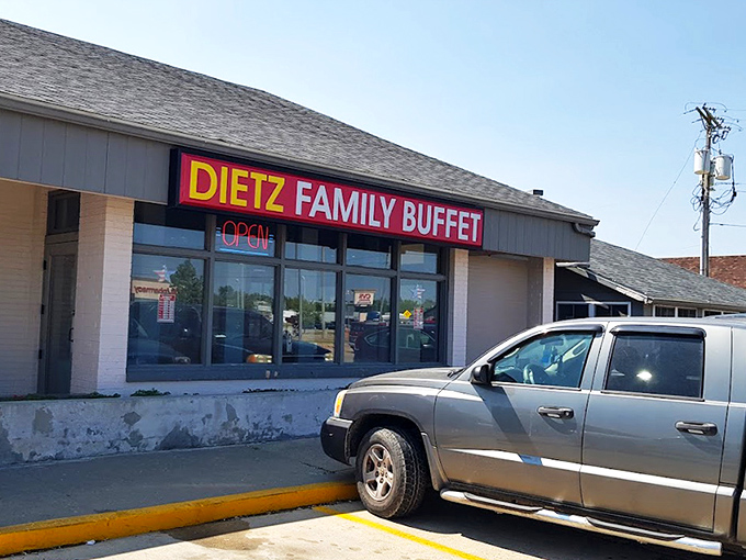 The bright red Dietz Family Buffet sign beckons hungry travelers like a lighthouse for the famished. Small-town charm with big-time flavor potential.