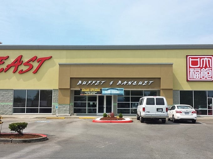 The unassuming exterior of Feast Buffet hides a culinary treasure trove within. Like finding diamonds in a strip mall setting. 