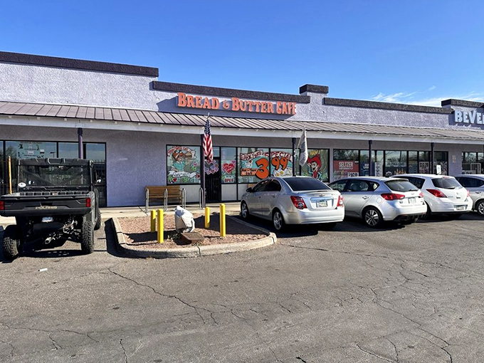 The desert sun casts dramatic shadows on this unassuming strip mall treasure. Like all great diners, Bread & Butter Cafe proves extraordinary food often hides behind ordinary facades.