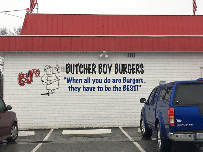 The bright red trim of CJ's stands out like a beacon of burger hope on Russellville's landscape, promising delicious rewards within.