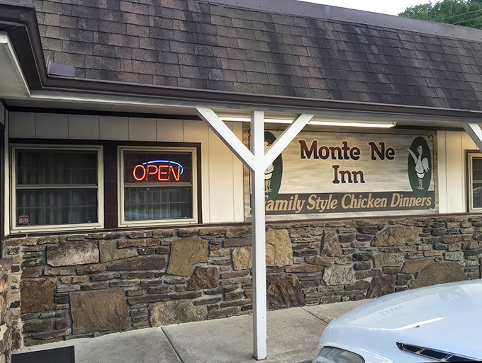 The unassuming exterior of Monte Ne Inn Chicken stands like a humble guardian of culinary treasures. No fancy frills, just the promise of legendary fried chicken within.
