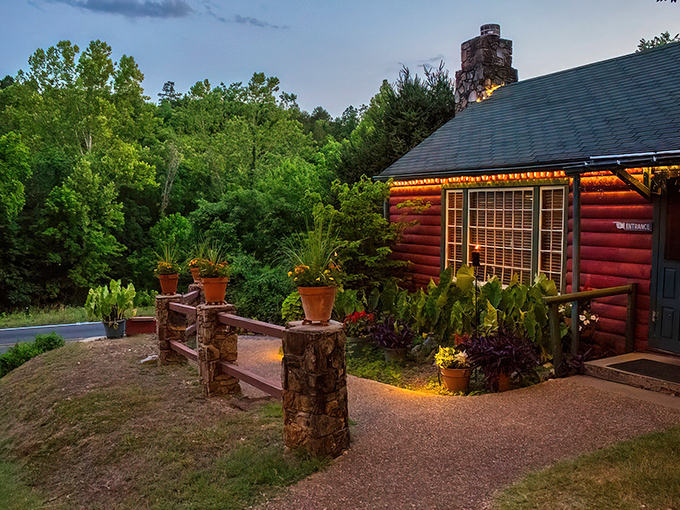 The rustic red exterior with green trim isn't just charming&mdash;it's nature's way of saying "delicious food happens here." A cabin that promises culinary adventures awaits.