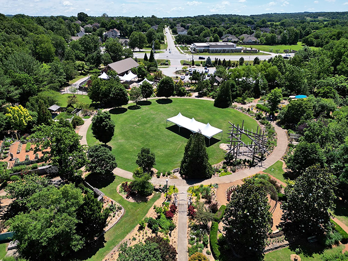 Bird's eye bliss! From above, the garden reveals itself as a perfectly orchestrated symphony of pathways, gathering spaces, and verdant hideaways.