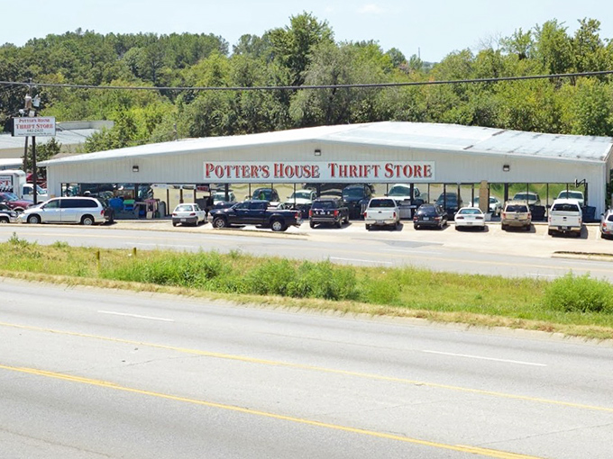 The bustling parking lot at Potter's House Thrift tells you everything—this isn't your average secondhand store, it's a destination where treasure hunters congregate daily.