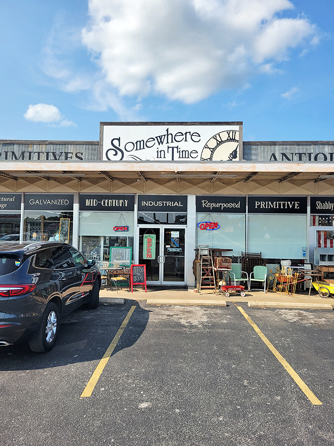 Under Arkansas blue skies, Somewhere In Time Antique Mall stands like a portal to the past, inviting treasure hunters with its unassuming charm.