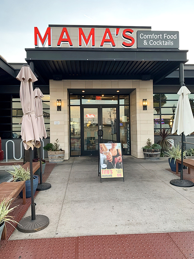 The bright red Mama's sign beckons like a lighthouse for hungry souls. Those wooden benches outside aren't just seating&mdash;they're the waiting room for breakfast nirvana.