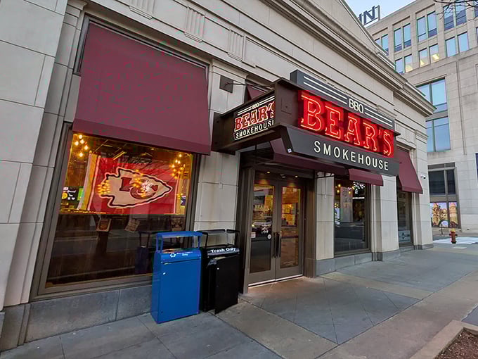 The glowing red sign of Bear's Smokehouse beckons like a barbecue lighthouse, guiding hungry souls through downtown Hartford to smoky salvation.